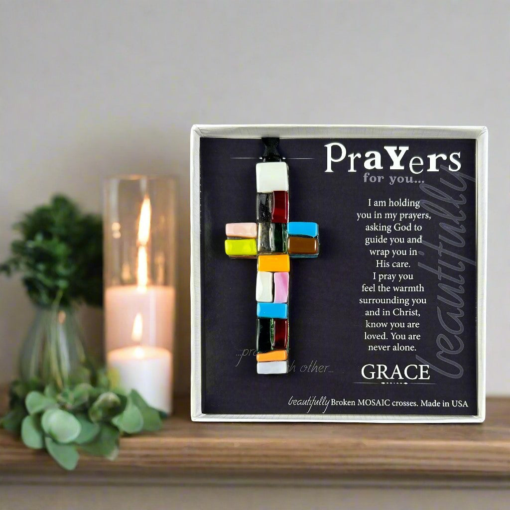 4" Hanging Multi-Color Handmade Mosaic Glass Cross with Praying for You ...